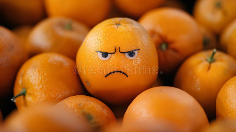 Grumpy Cartoon-faced Orange among a Pile of Fresh Oranges, Standing Out ...