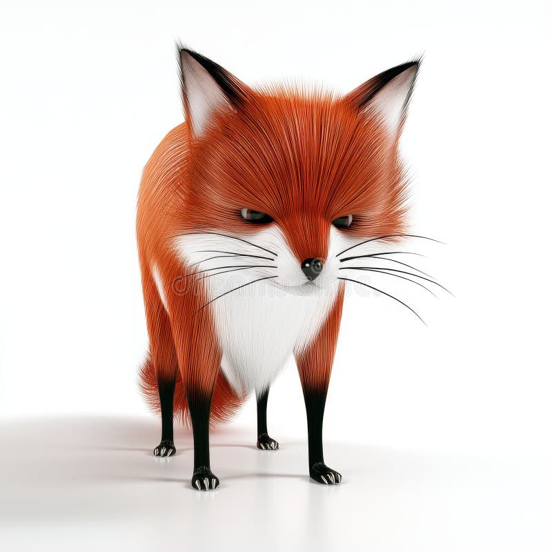 A Grumpy Cartoon Fox with Red Fur Stands on a Plain White Background ...