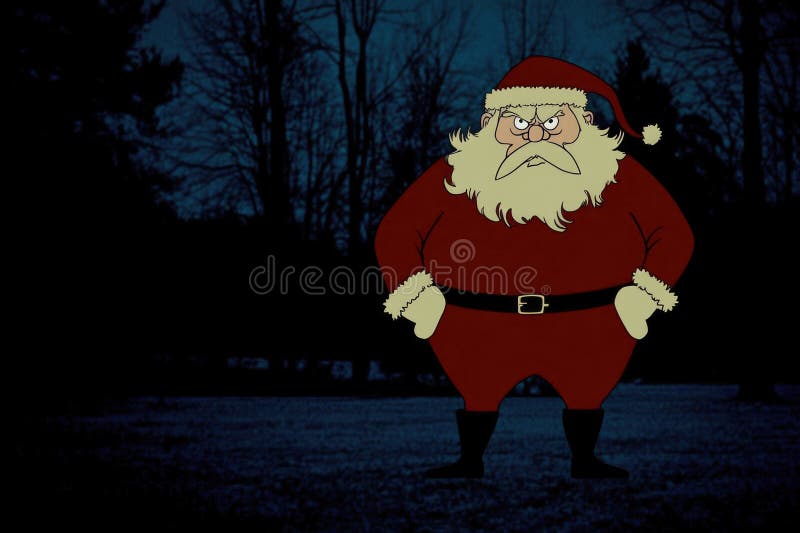 Grumpy Cartoon Santa Stands Alone in a Dark Winter Forest Scene Stock ...