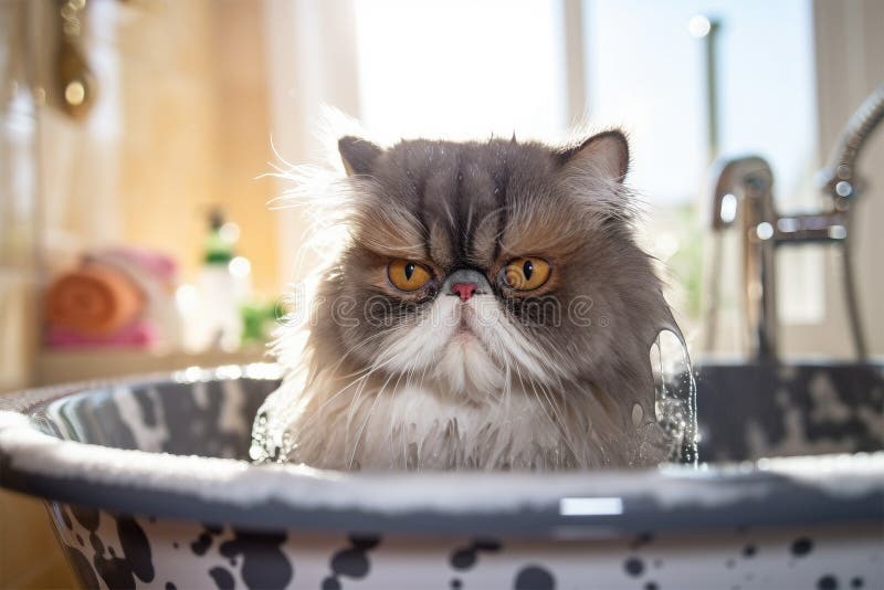 Grumpy Cat Being Washed in Basin. Generative AI Stock Illustration ...