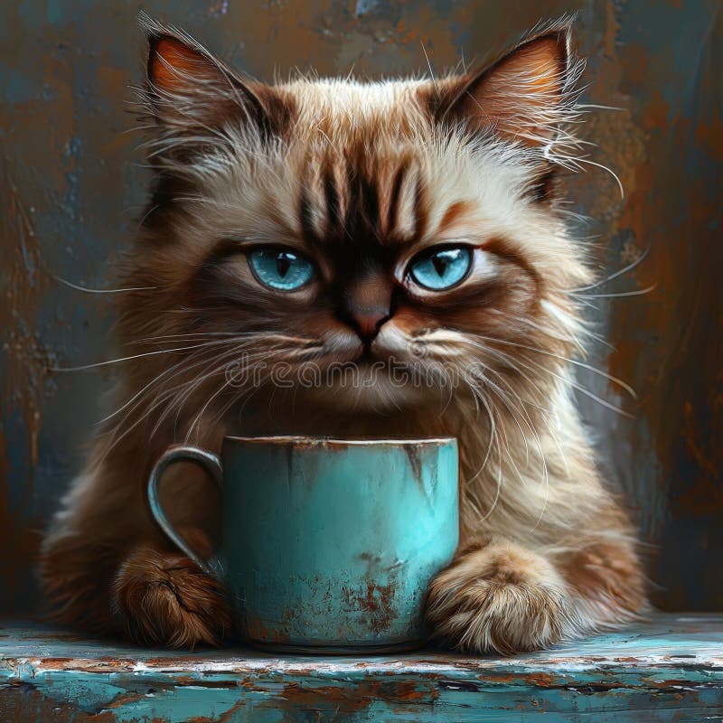 Grumpy Cat with a Blue Coffee Mug, Close-up Portrait Stock Image ...