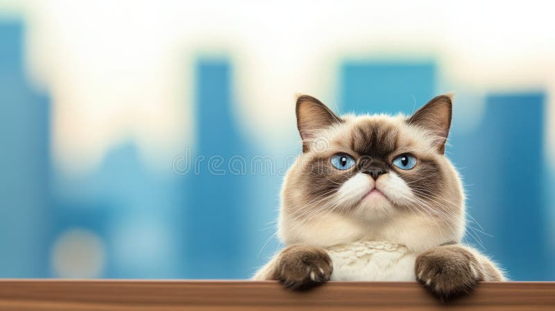 Grumpy Cat with Blue Eyes Looking Out Over City Skyline Stock Photo ...