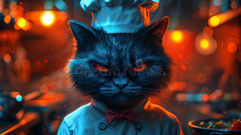 Grumpy Cat Chef in a Fiery Kitchen - Generative Ai Stock Illustration ...