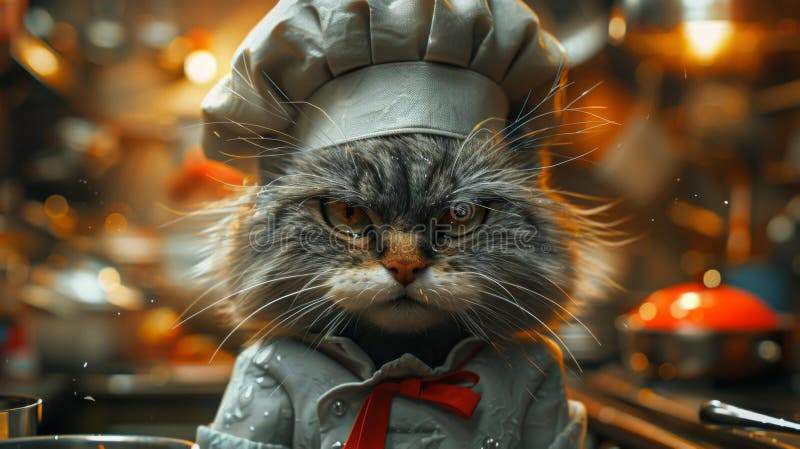 Grumpy Cat Chef in a Kitchen - Generative Ai Stock Illustration ...