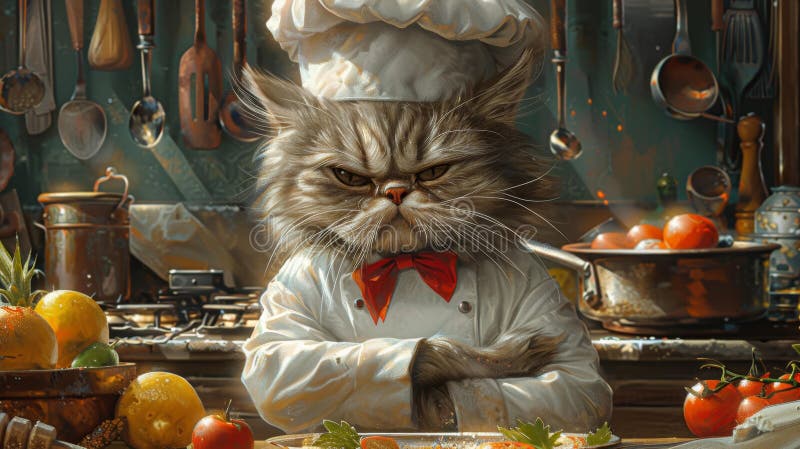 Grumpy Cat Chef in Kitchen - Generative Ai Stock Illustration ...