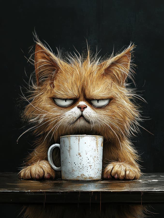 Grumpy Cat With Coffee Mug Illustration Moody Feline Expression Stock Illustration