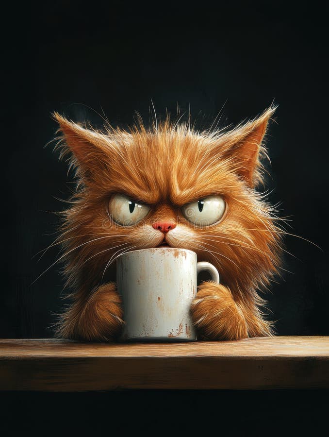 Grumpy Cat with Coffee Mug Illustration - Moody Feline Expression Stock ...