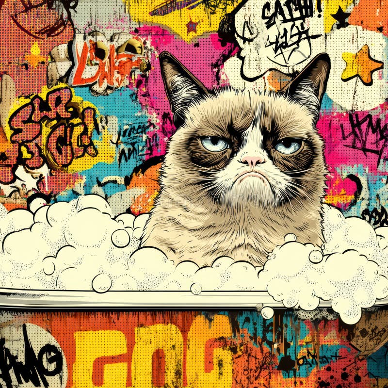 Grumpy Cat Enjoys a Bubble Bath in a Vibrant Pop Art Setting Adorned with Graffiti Stock Photo ...