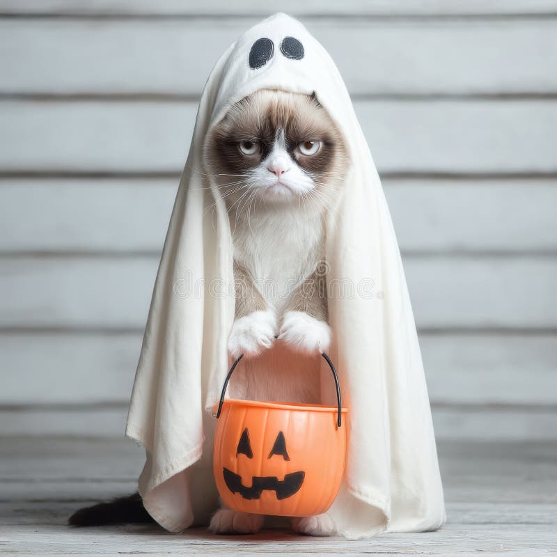 Grumpy Cat in Ghost Costume Holding Pumpkin Bucket Against White ...
