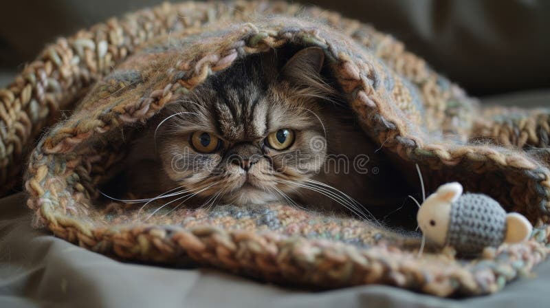 A Grumpy Cat Hides Under a Blanket Refusing To Share Its Favorite Toy ...