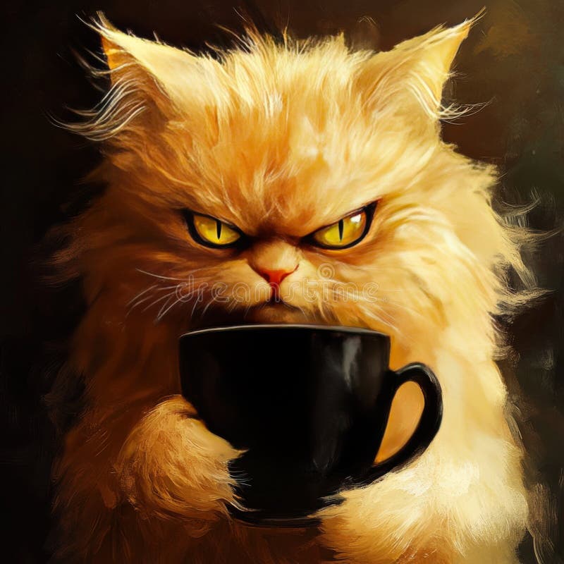 Grumpy Cat Holding a Black Coffee Cup, Staring Intensely Stock Photo ...