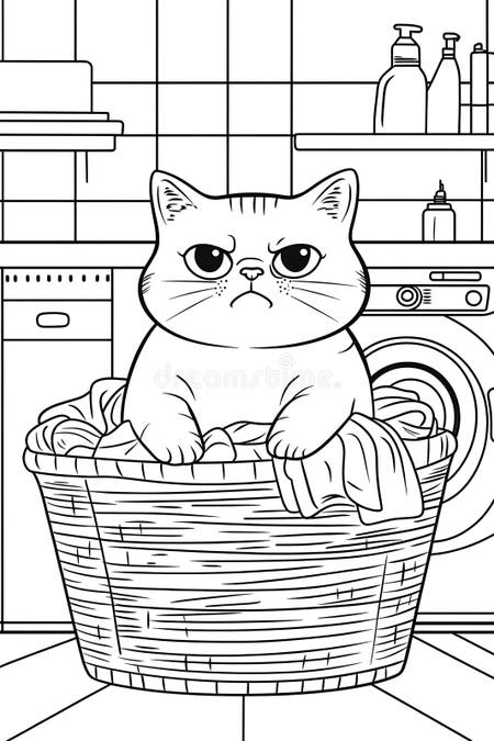 Grumpy Cat in Laundry Basket Coloring Page Stock Illustration ...