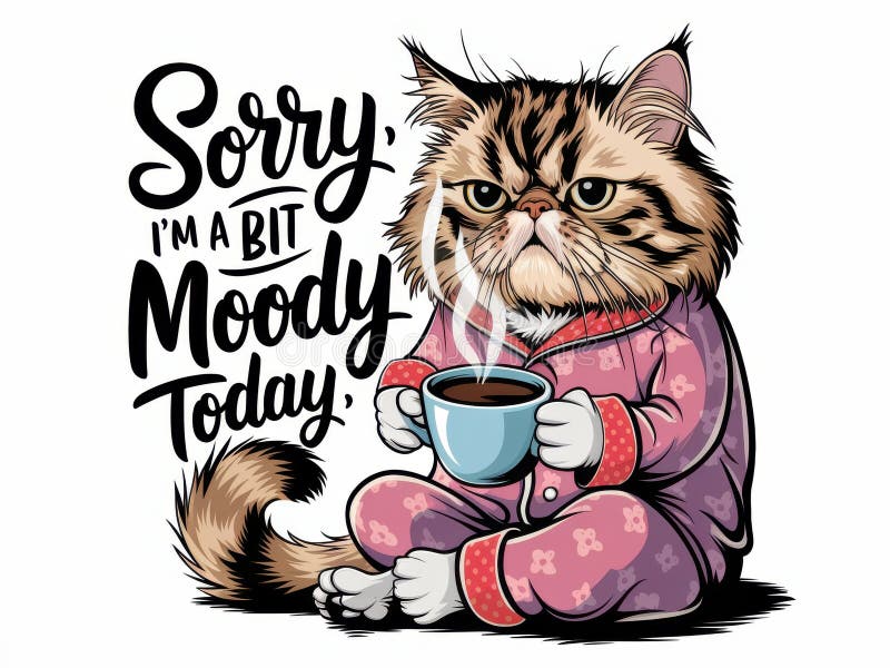 Grumpy Cat in Pajamas Holding Coffee with Humorous Moody Quote Stock ...