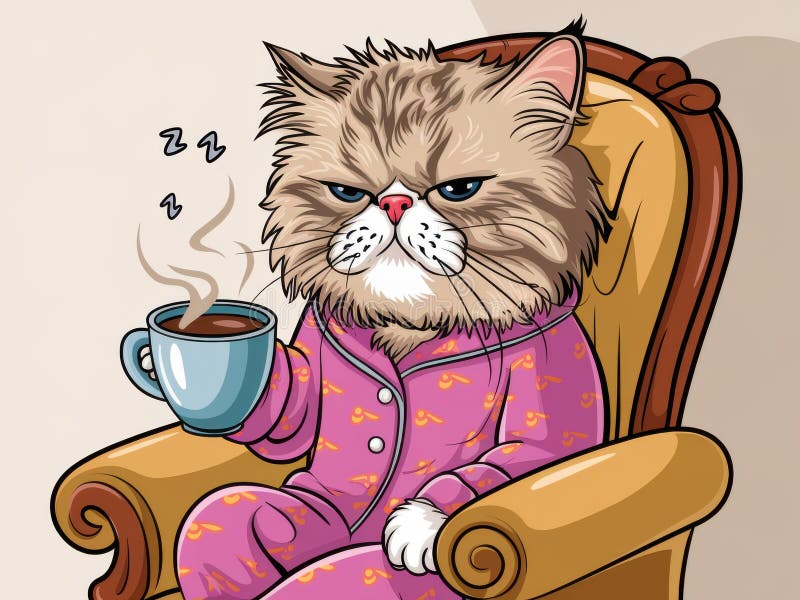Grumpy Cat in Pajamas Holding Coffee Mug while Sitting in Armchair ...
