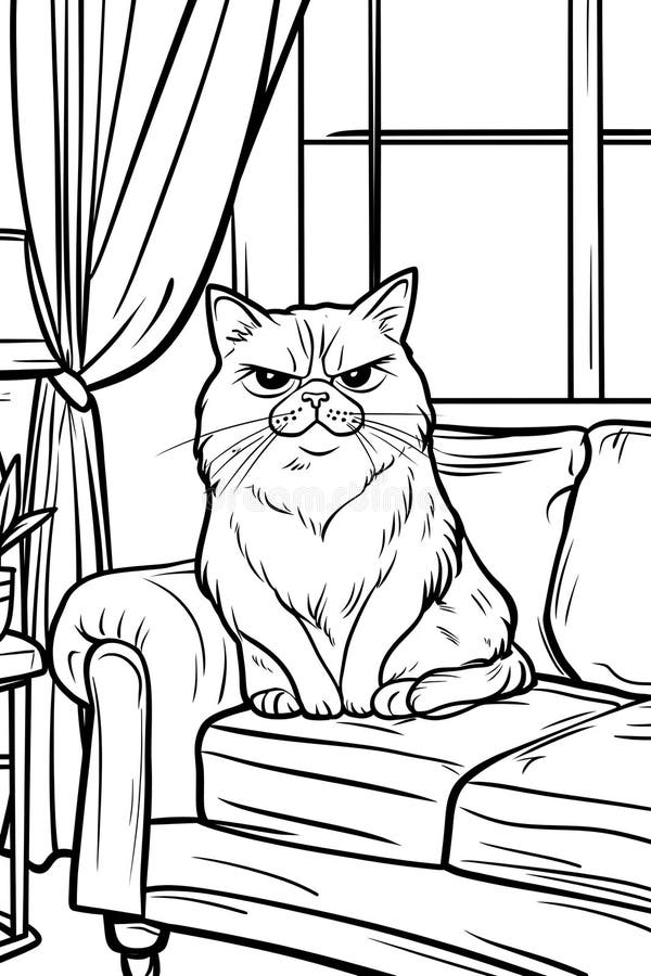 Grumpy Cat Sitting on Couch, Line Art Stock Illustration - Illustration ...
