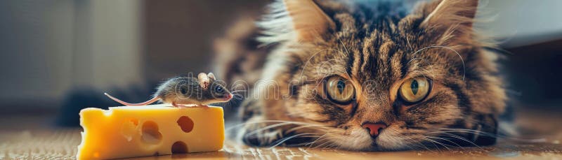 A Grumpy Cat Stares Suspiciously at a Tiny Mouse Hiding Behind a Cheese ...