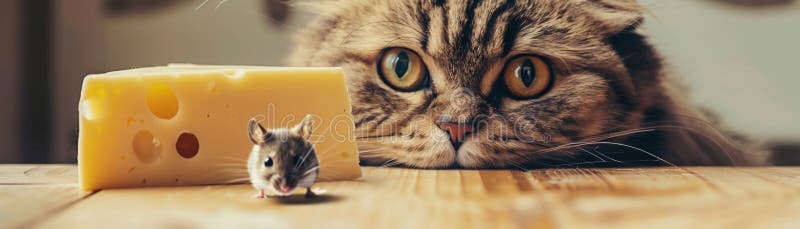 A Grumpy Cat Stares Suspiciously at a Tiny Mouse Hiding Behind a Cheese ...