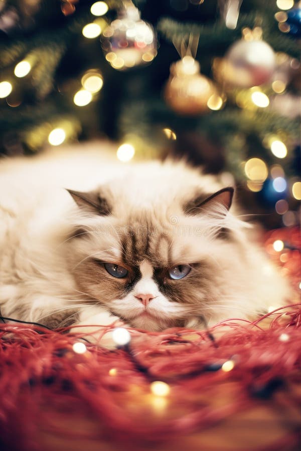 Grumpy Cat Under Christmas Tree with Glitter Lights Stock Illustration ...
