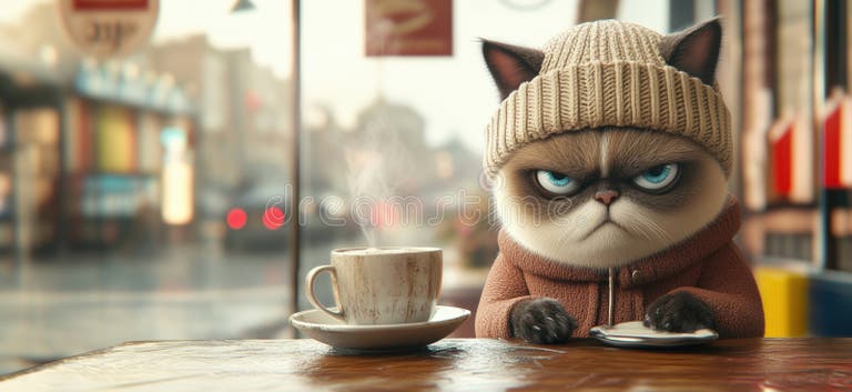 Grumpy Cat Wearing Knitted Hat Sitting at Cafe Table with Coffee Cup ...