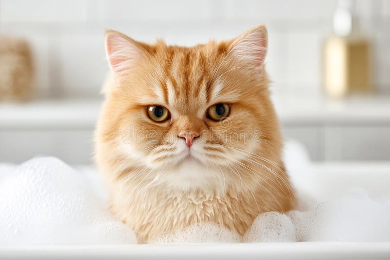Grumpy Cute Ginger Cat Sitting in a Bubble-filled Tub. Stock Illustration - Illustration of ...