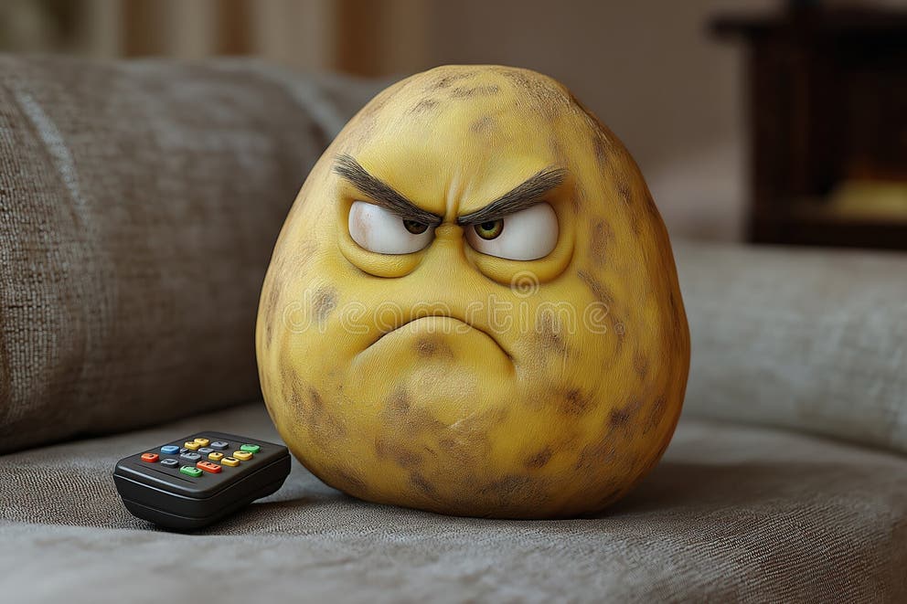 Grumpy, Dirty Potato Character Sitting on Sofa with Remote Control ...