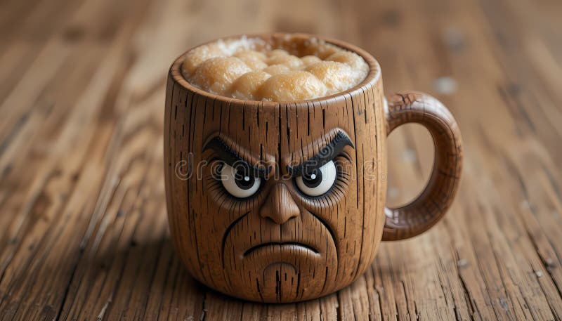 Grumpy Face Coffee Mug on Wooden Table Stock Illustration ...