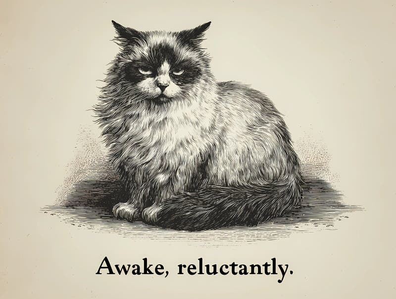 Grumpy Fluffy Cat Sitting with Tired Expression – Vintage Engraving ...