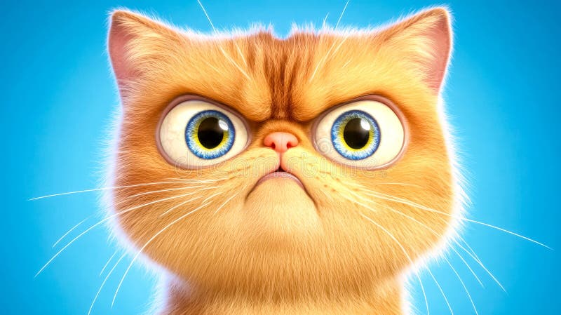 Grumpy Ginger Cat Starring with Big Blue Eyes on Blue Background Stock Illustration ...