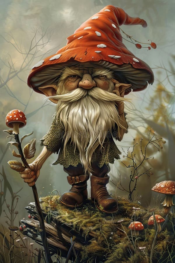 Grumpy Gnome with a Mushroom Hat and Staff, Standing in a Magical ...