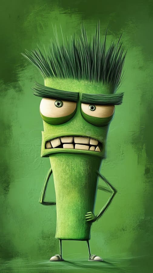 Grumpy Green Cartoon Character with Spiky Hair on Textured Background ...