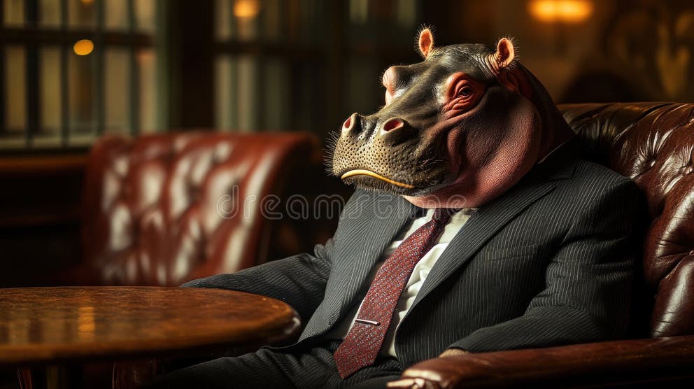 A Grumpy Hippo in Business Suit Sits Confidently in Cozy Setting Stock ...