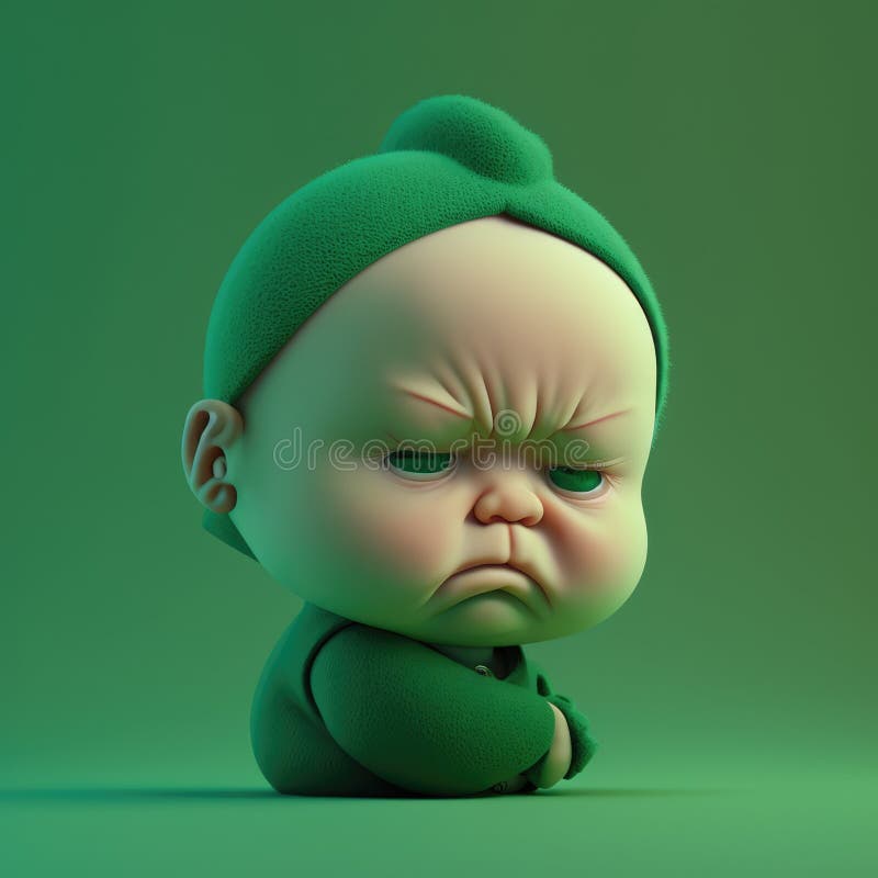 Grumpy Infant Staring into the Distance Against a Green Wall, Digital ...