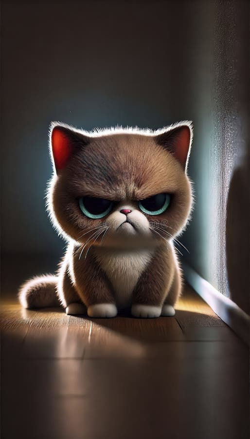 Grumpy Kitty Stands Defiantly Against a Wall in a Playful Pose Stock ...
