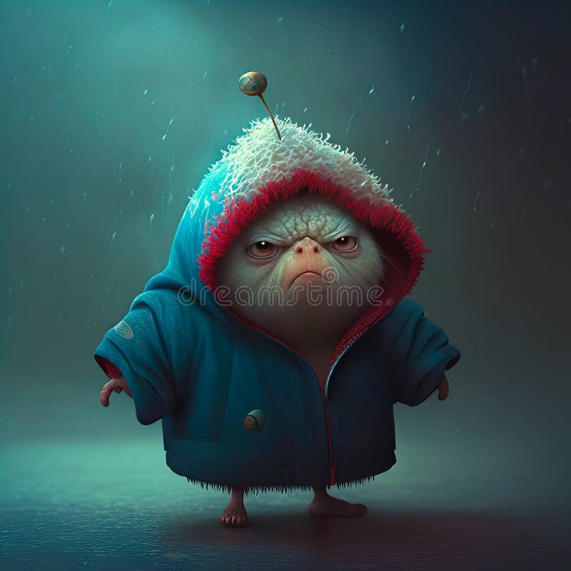 A Grumpy Little Animal Character in a Blue Jacket Standing in the Rain ...