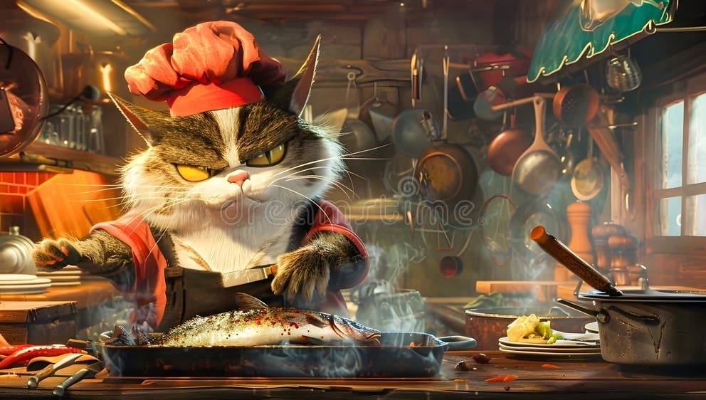 Grumpy Looking Animated Cat Chef in Chef S Hat is Focused on Grilling a ...