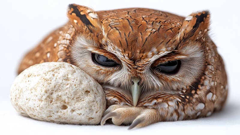 Grumpy-looking Owl Resting Next To a Rock on a White Background Stock ...