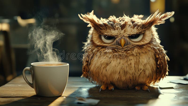 A Grumpy Looking Owl Stares Intensely at a Steaming Cup of Coffee ...