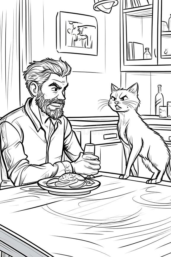 Grumpy Man and Cat at Kitchen Table Stock Illustration - Illustration ...