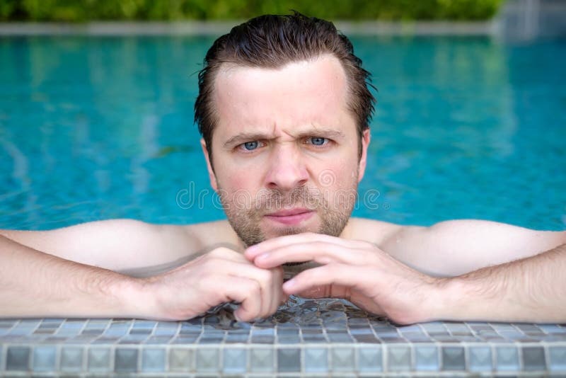 Grumpy Man Rest in Swimming Pool. Stock Image - Image of mouth, grumpy ...