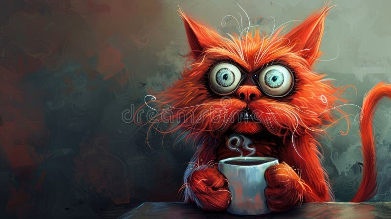 Grumpy Orange Cartoon Cat with Coffee, for Humorous or Cute Content ...