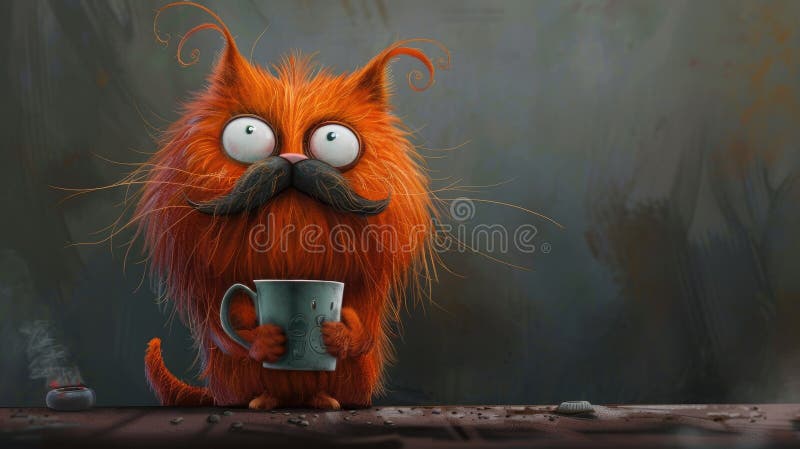 Grumpy Orange Cartoon Cat with Coffee, for Humorous or Cute Content ...