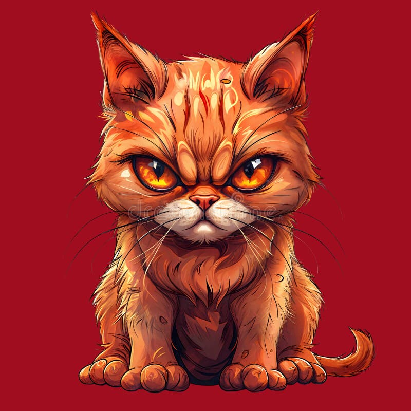 Grumpy and Cute Orange Cat Illustration on Red Background Stock ...