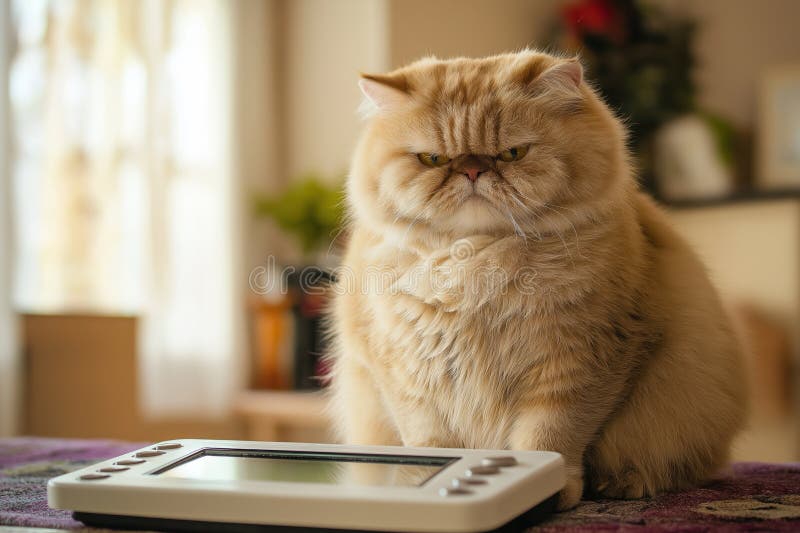 Grumpy Persian Cat with Tablet in Cozy Home Setting Stock Image - Image ...