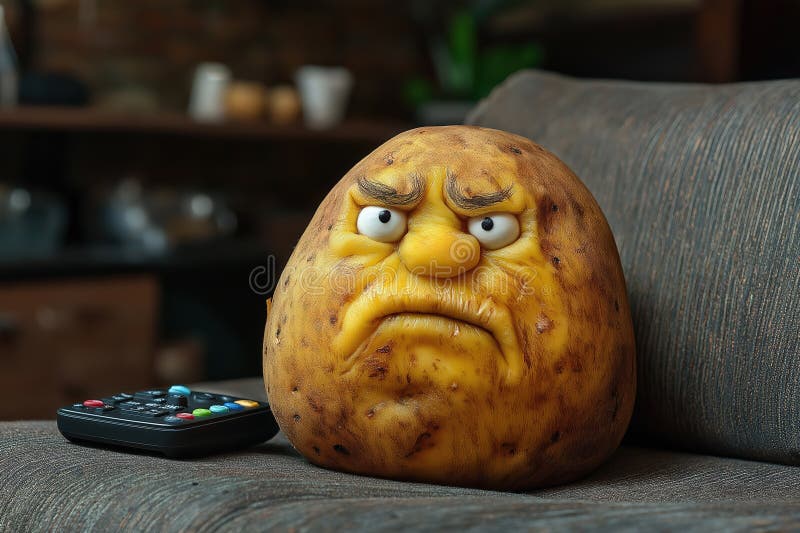 Grumpy Potato Character Sitting on Sofa Watching Television Stock ...