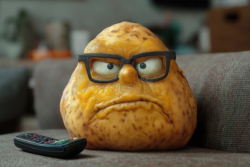 Grumpy Potato Wearing Glasses Watching Tv on Sofa Stock Illustration ...