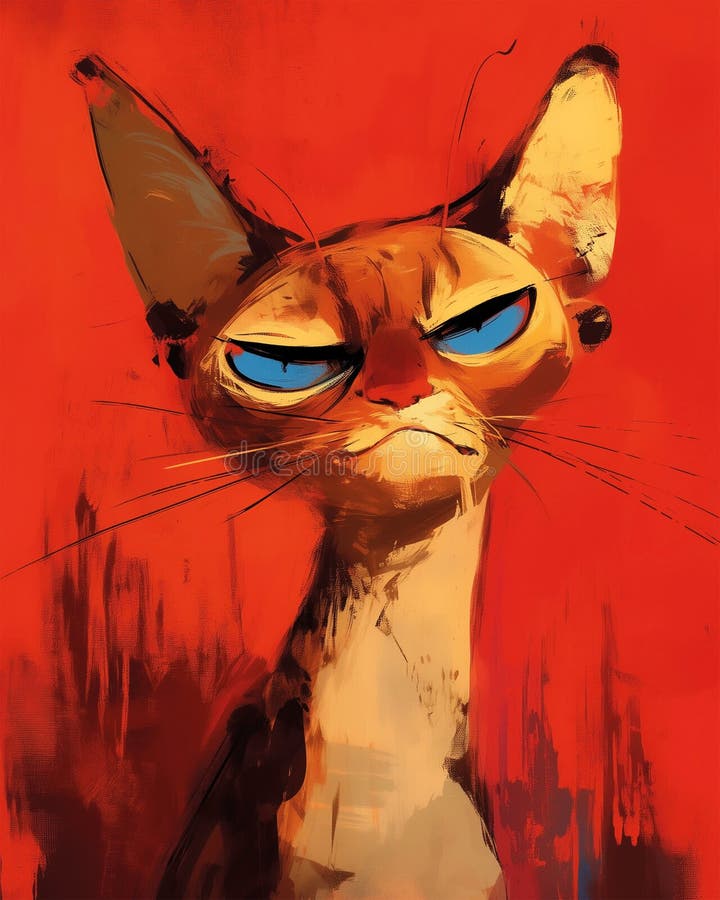 Grumpy Red White Cat with Blue Eyes and Big Ears Against Red Background ...