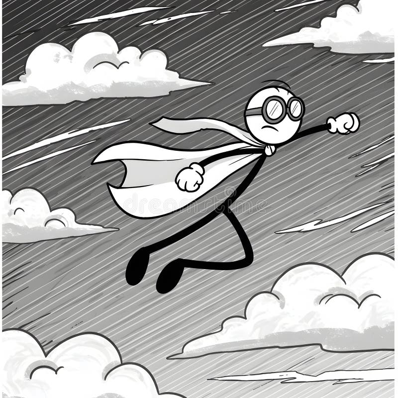 Grumpy Stick Figure Superhero Flying among Clouds Stock Illustration ...