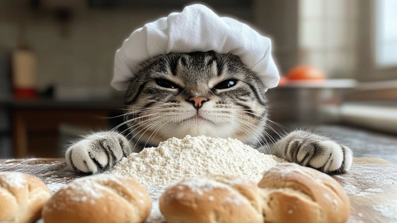 Grumpy Tabby Cat in a Chef S Hat Behind a Pile of Flour and Bread Rolls ...
