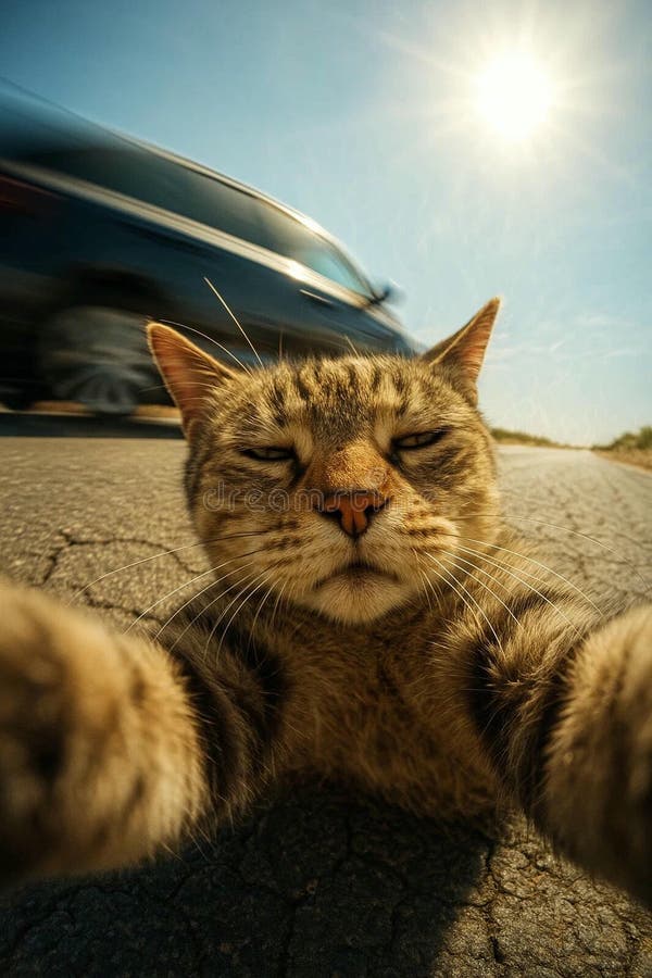 Grumpy Tabby Cat Selfie on Asphalt Road with Passing Car and Bright Sun ...
