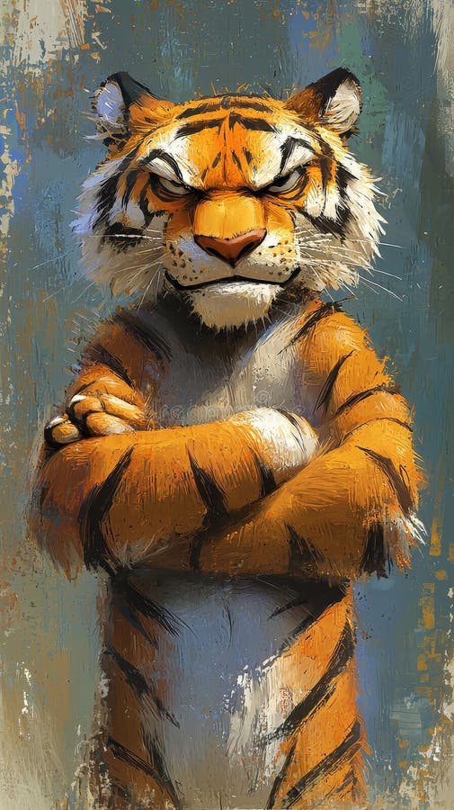 Grumpy Tiger Character in Painterly Art Style with Crossed Arms Stock ...